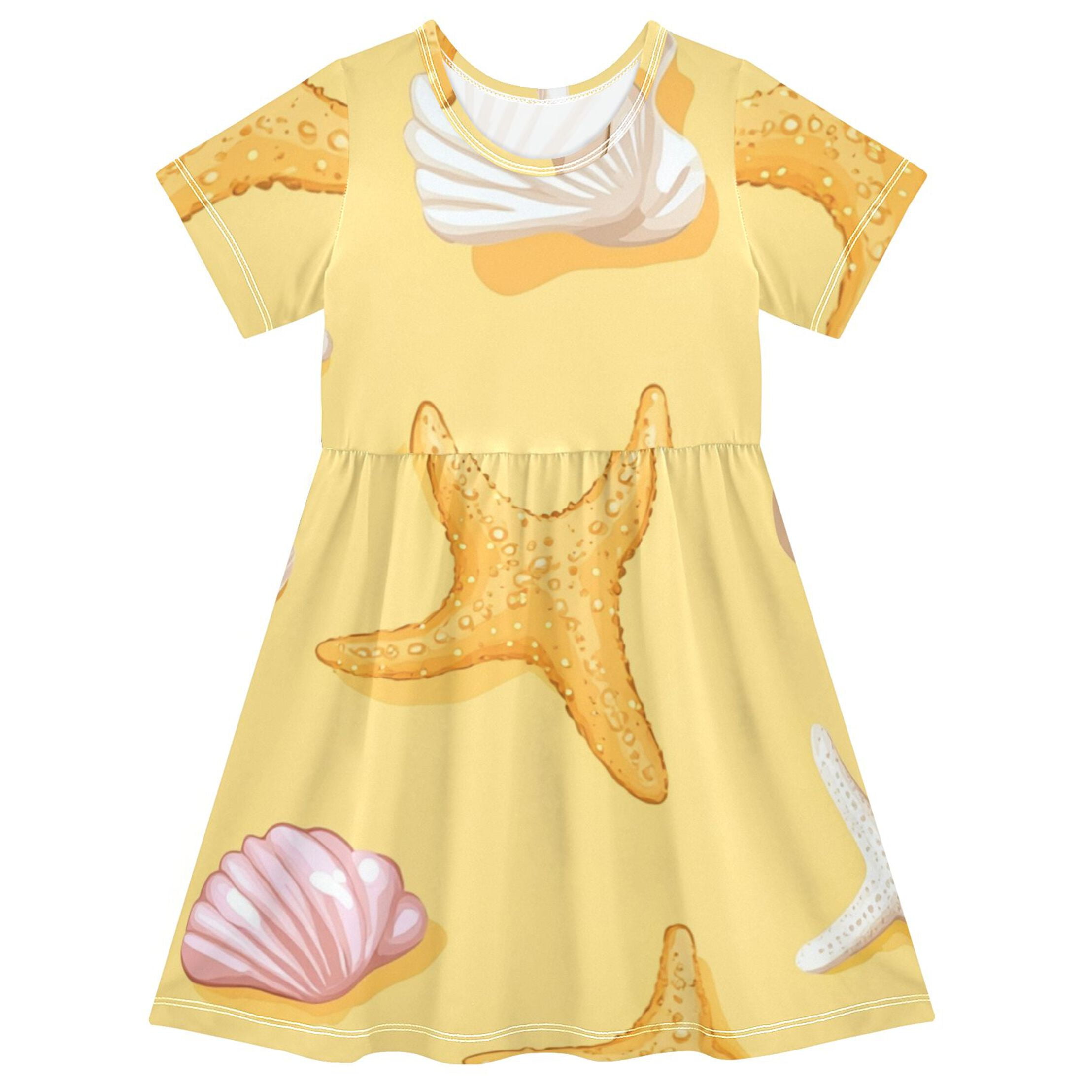Pastel Colored Shells and Starfishes Girls' Short Sleeve Dress A-Line ...