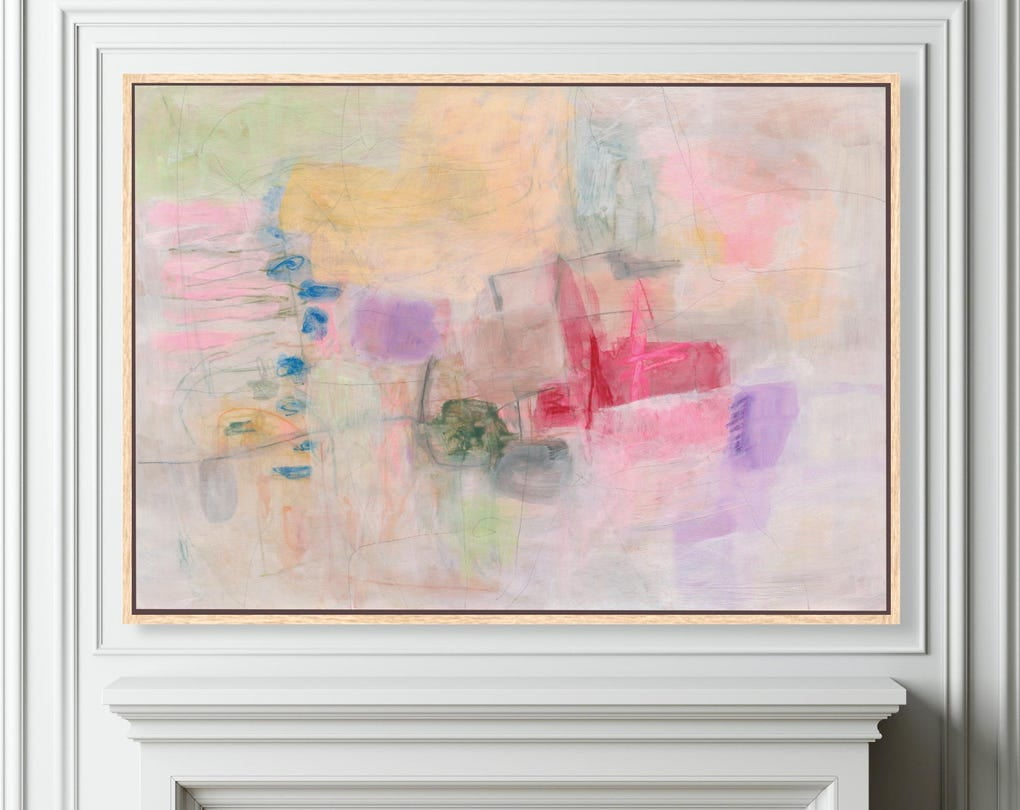 Pastel Colorful Abstract Painting, Pink Yellow Large Art Print, Bright ...