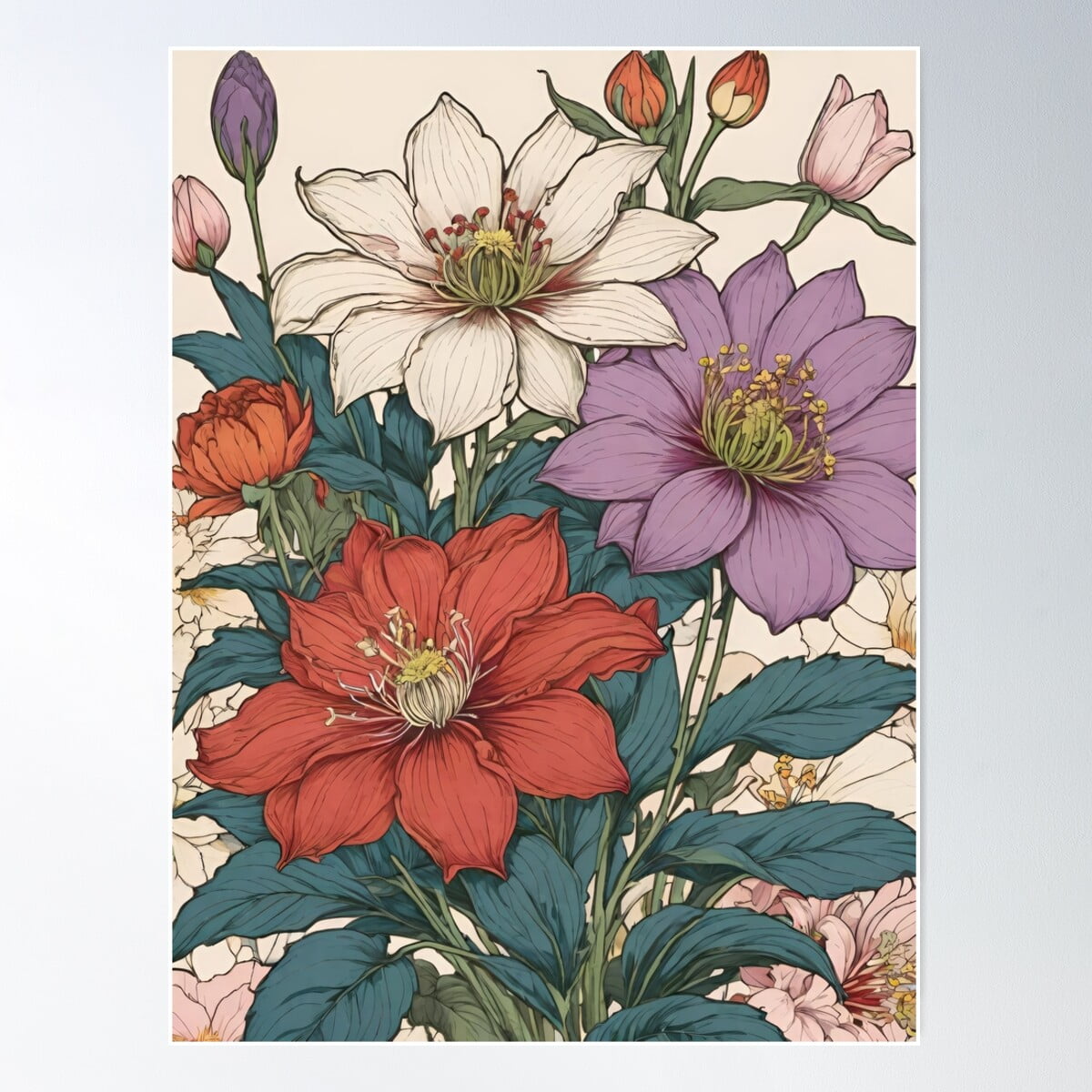 Pastel Colorful Flowers Leaves Spring Wildflowers Pattern Floral Poster ...