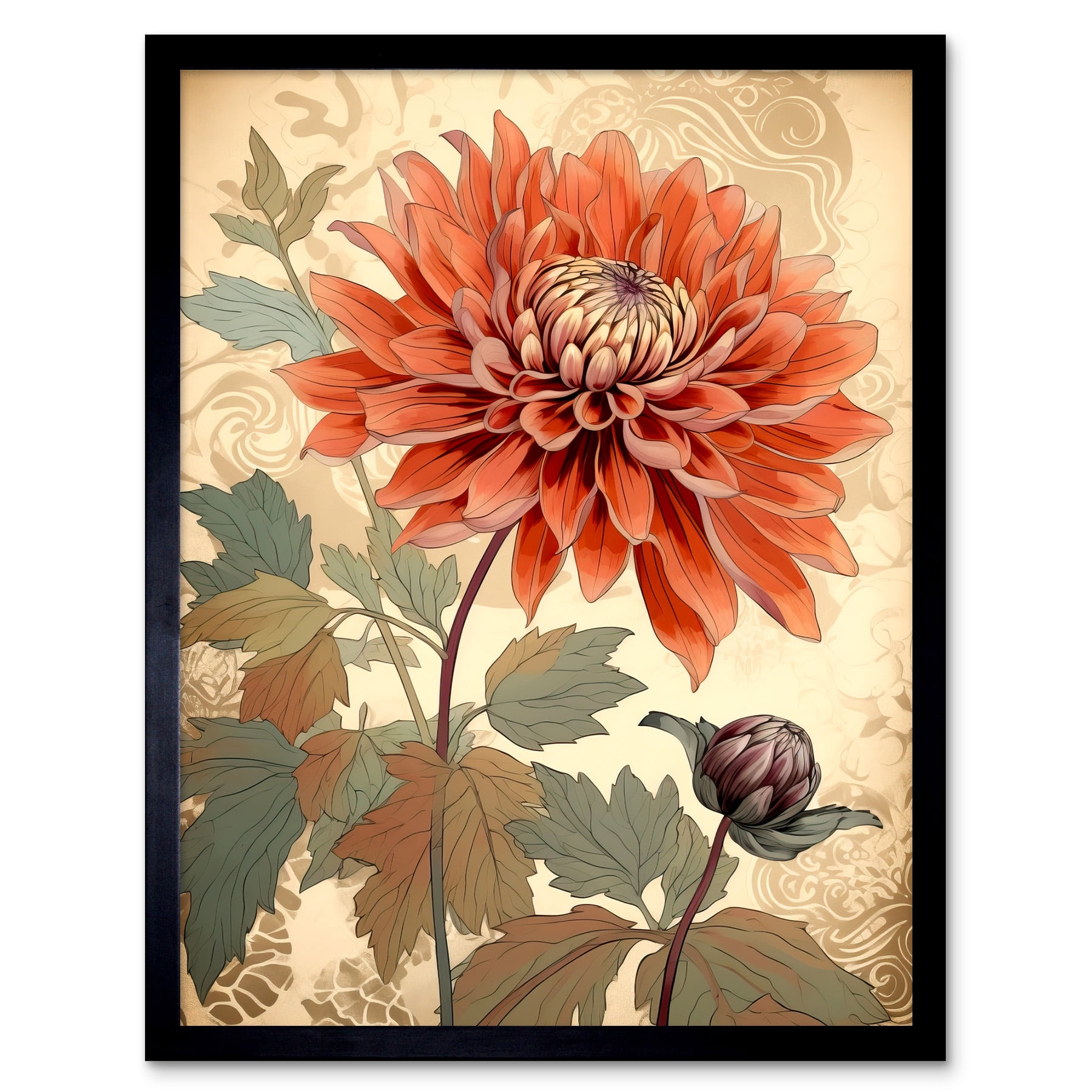 Pastel Colour Orange Dahlia Flower with Patterns Art Print Framed ...