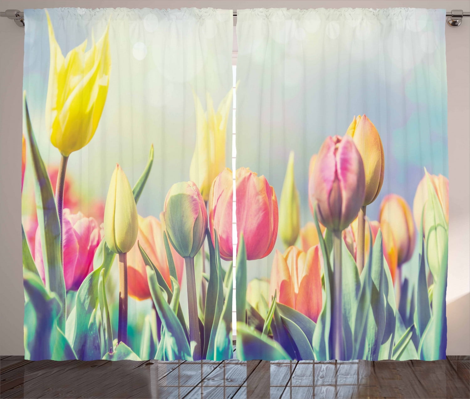 Ambesonne Pastel Curtains 2 Panel Set, Tulips Flower Bed Park, 108" x ...