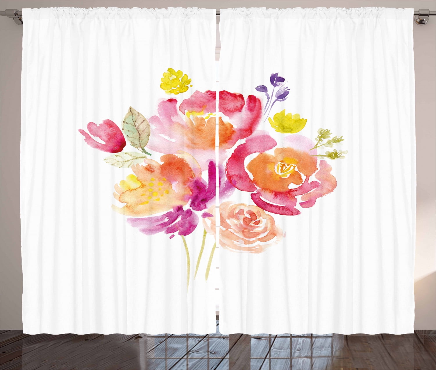 Pastel Curtains 2 Panels Set, Watercolor Bouquet of Roses Romantic ...