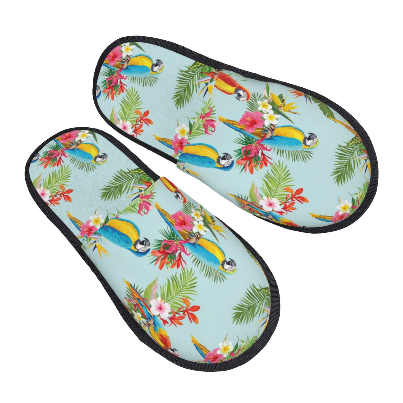 Pastel Cute Parrot Palm Leaf House Slippers for Women Indoor, Fuzzy ...