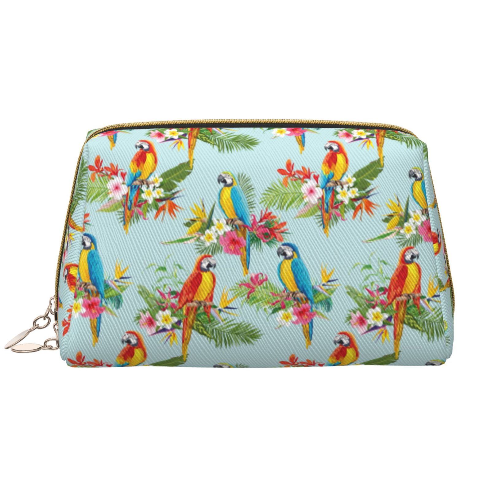 Pastel Cute Parrot Palm Leaf Makeup Bag, Large Capacity Cosmetic Bag ...