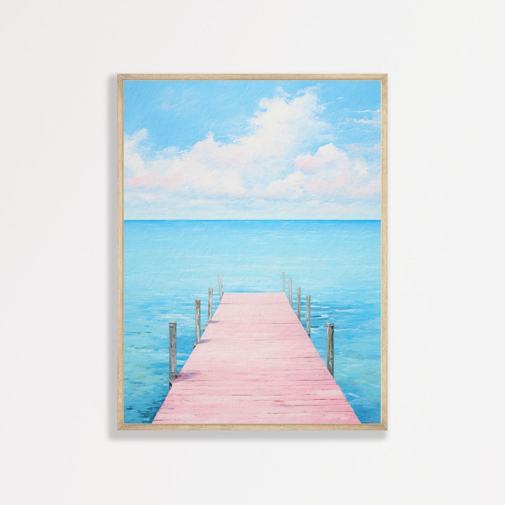 Pastel Dock Painting, Minimalist Coastal Wall Art, Pink Beachy ...