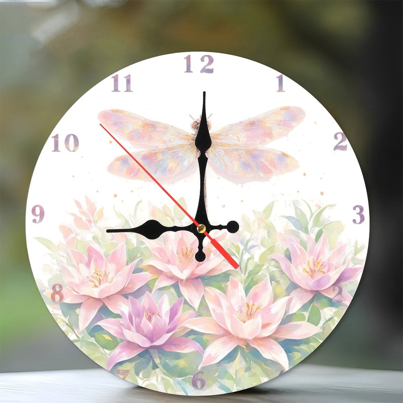 Pastel Dragonfly Water Lily Floral Wall Clock 10-Inch Silent Wooden ...