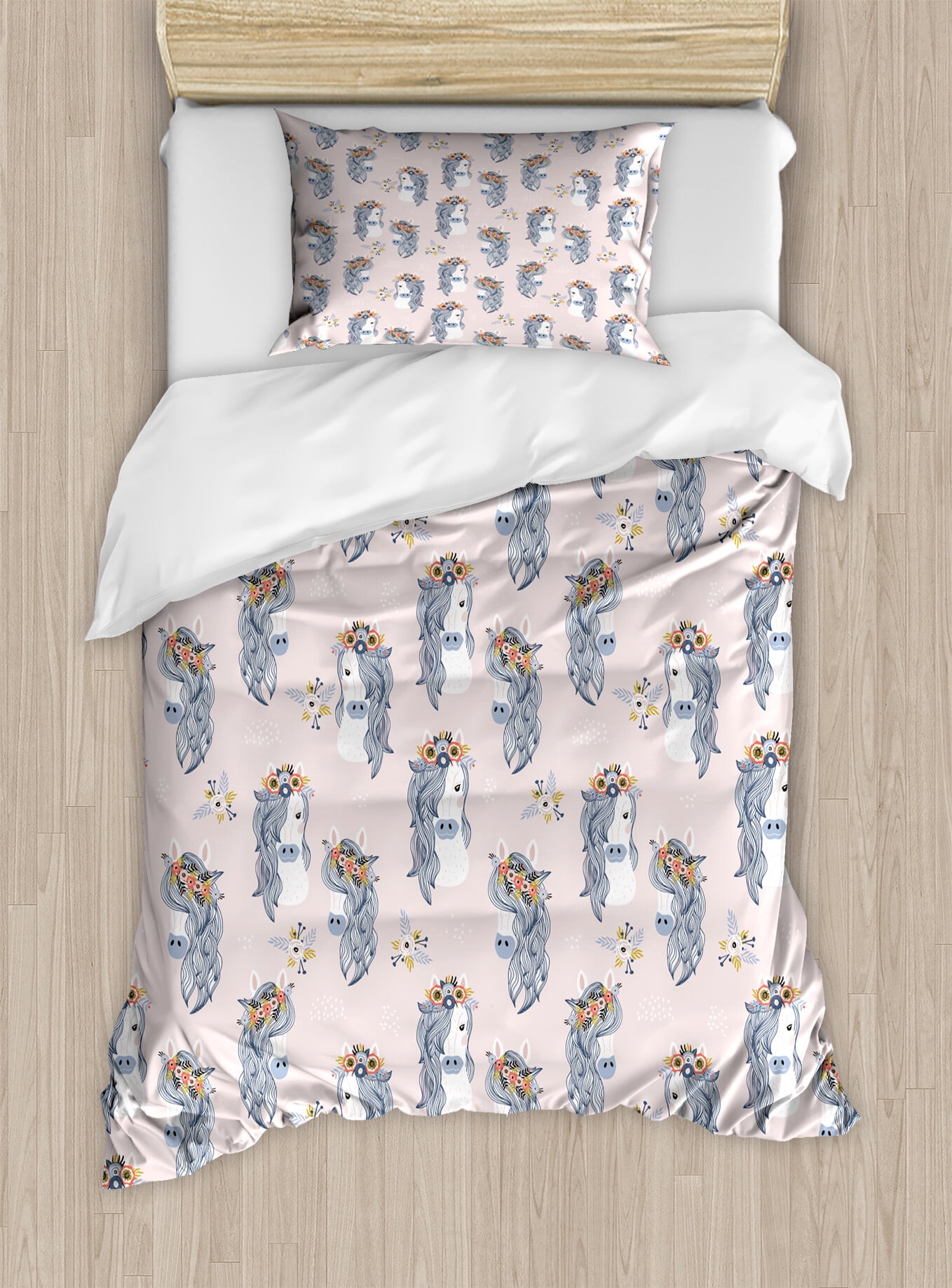 Pastel Duvet Cover Set, Horses and Flower Bouquets on the Head Tattoo ...