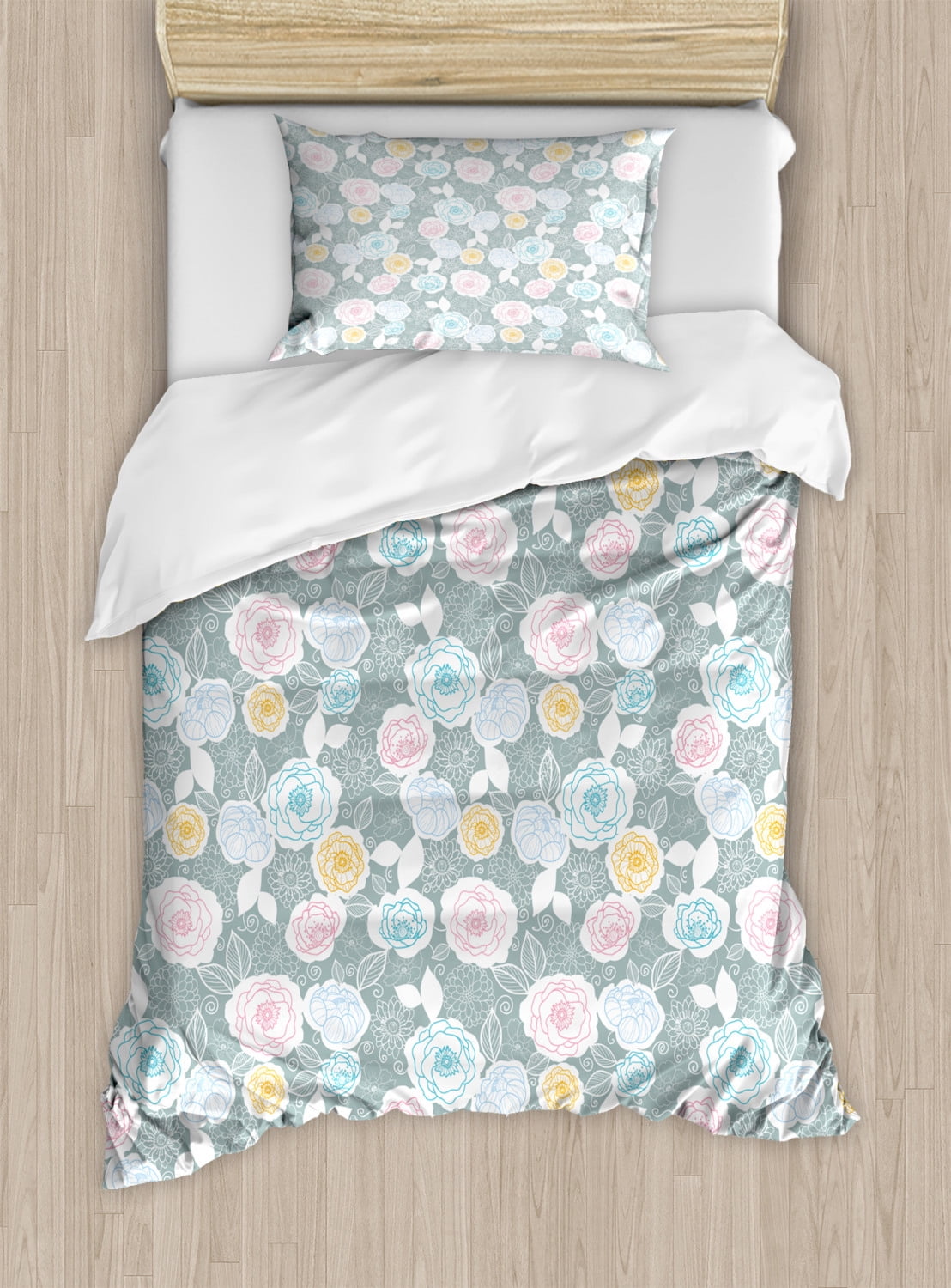 Pastel Duvet Cover Set, Ornate Hand Drawn Flourish Pattern Floral ...