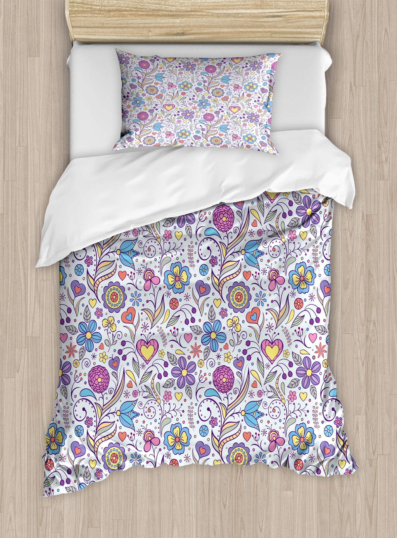 Pastel Duvet Cover Set, Peonies Daisies Tulips Colorful Doodle Style ...