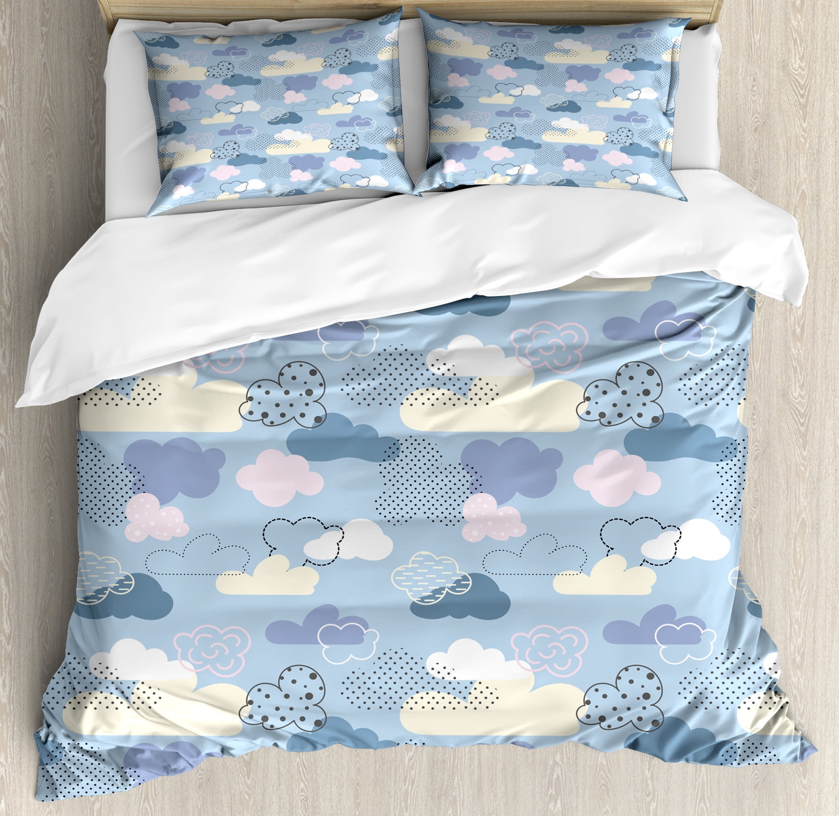 Pastel Duvet Cover Set, Sky Clouds Drawn and Dashed Stripes Polka Dots ...