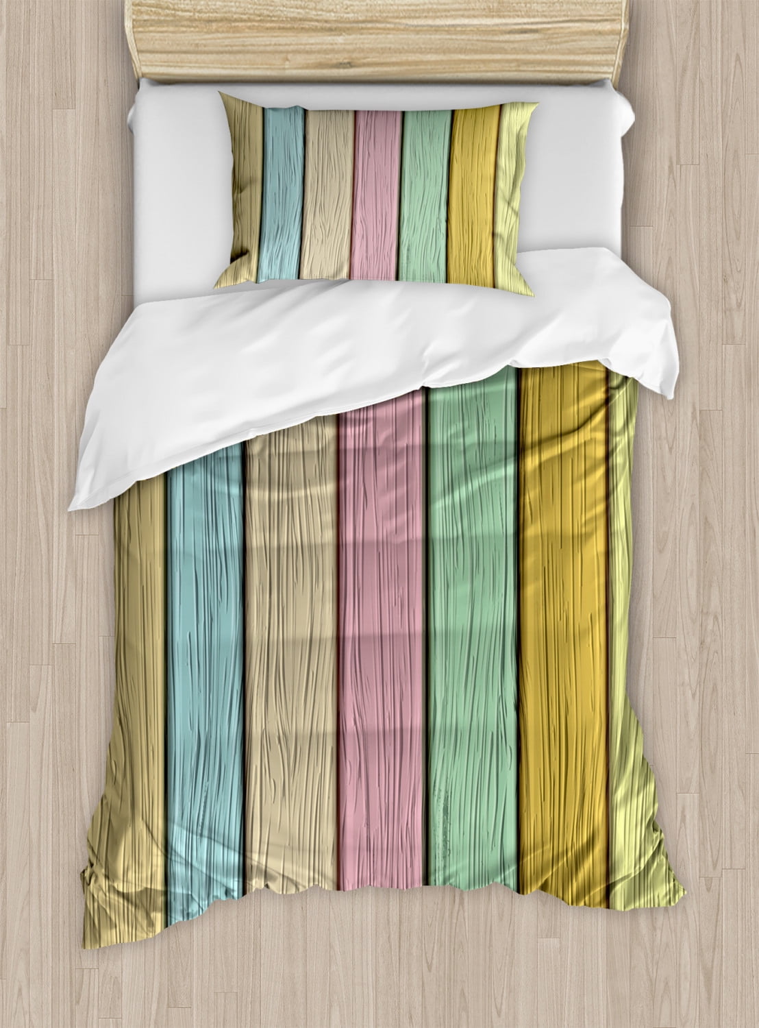 Pastel Duvet Cover Set Twin Size, Colorful Old Wooden Planks Timber ...