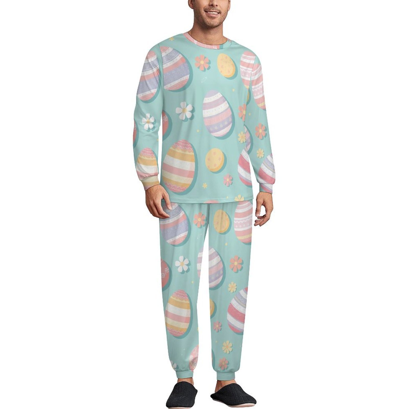 Pastel Easter Eggs Pattern Pajamas Men Home Suit Winter Long Sleeve 2 ...