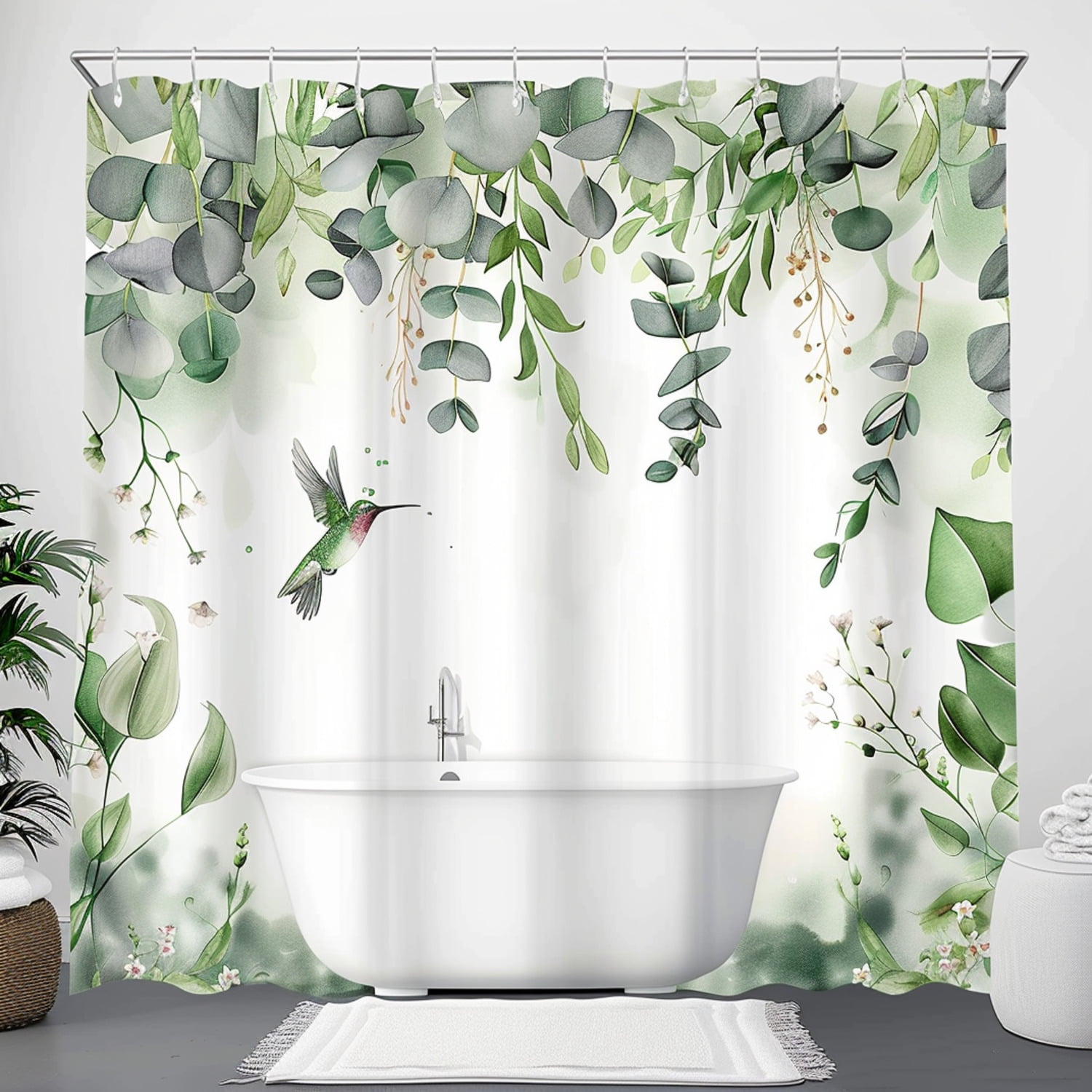 Pastel Eucalyptus And Hummingbird Watercolor Shower Curtain Floral Art