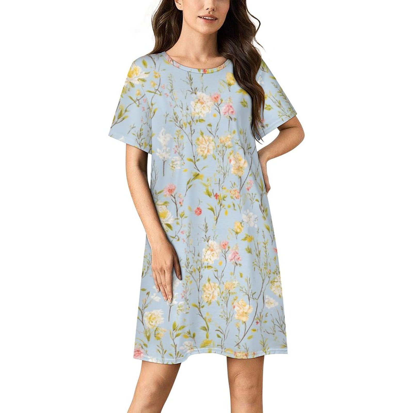 Pastel Floral Light Blue Background Women Nightgown Sleepwear Short ...
