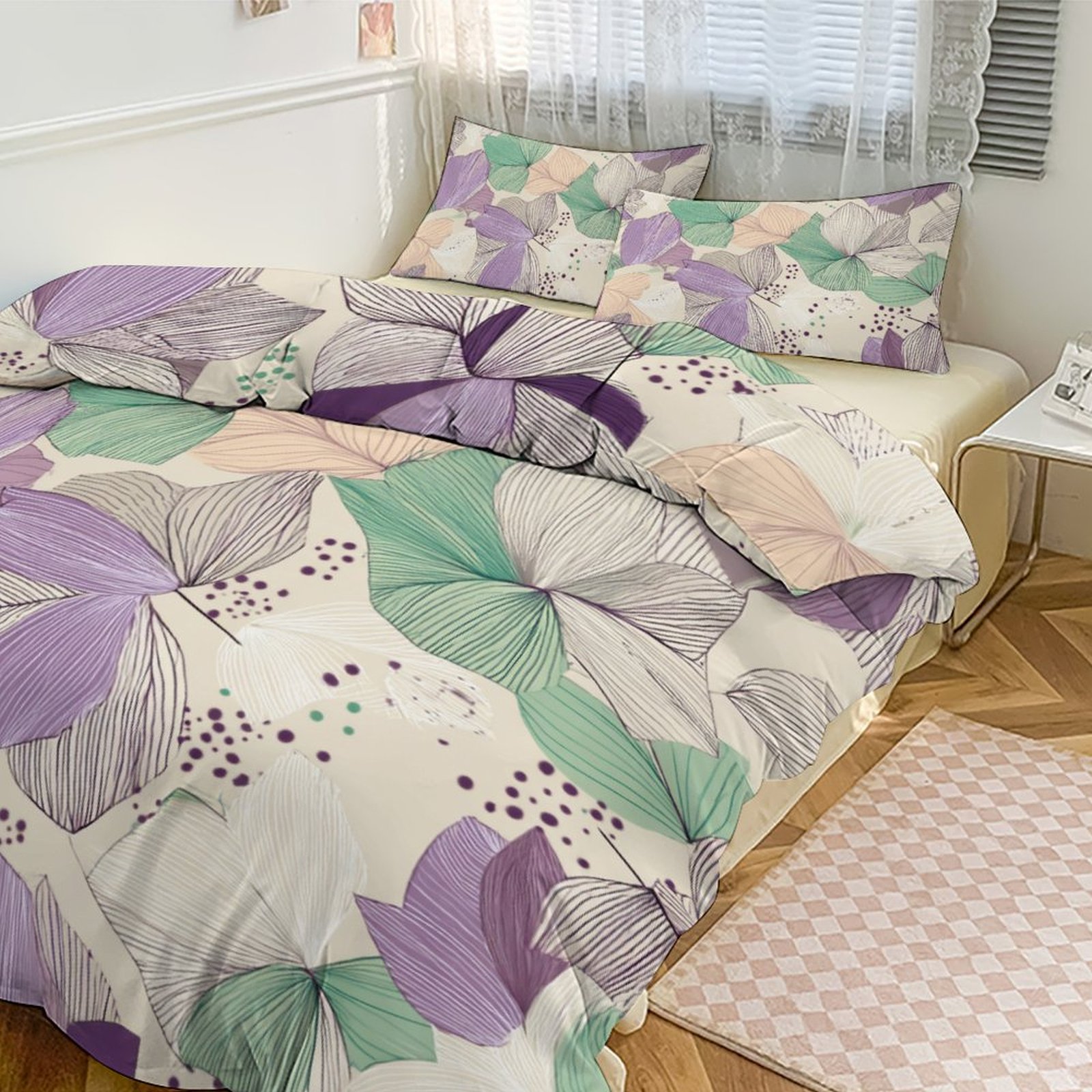 Pastel Floral Line Art Seamless Pattern Bedding Set with Zipper Closure ...