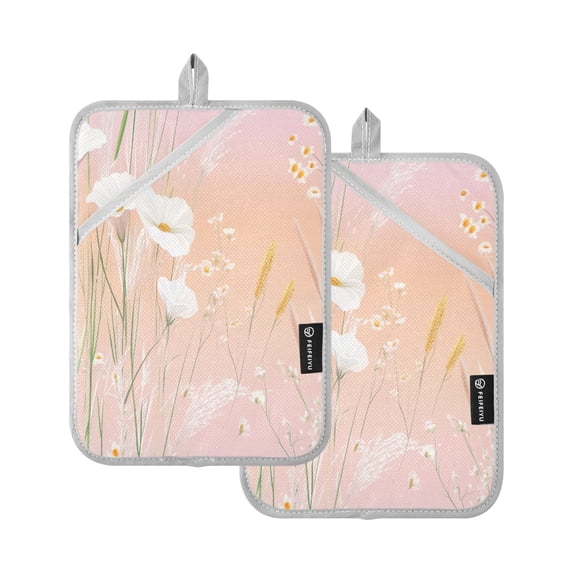 Pastel Floral Scene 7x9.8in Pot Holder Set Heat-Resistant Oven Hot Pads ...