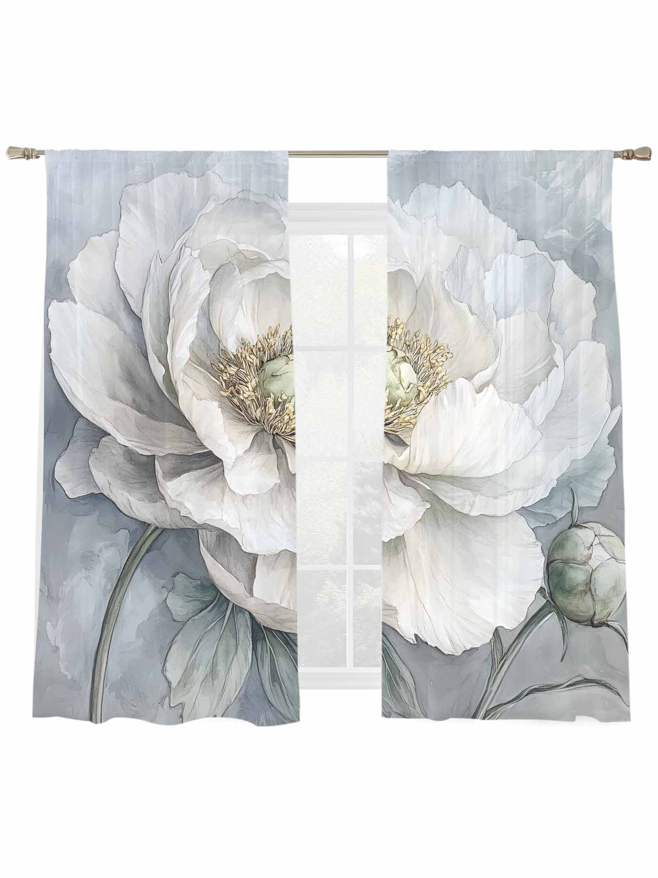 Pastel Flowers Sheer Curtains 2 Panels Set Peony Plants Oil Painting ...