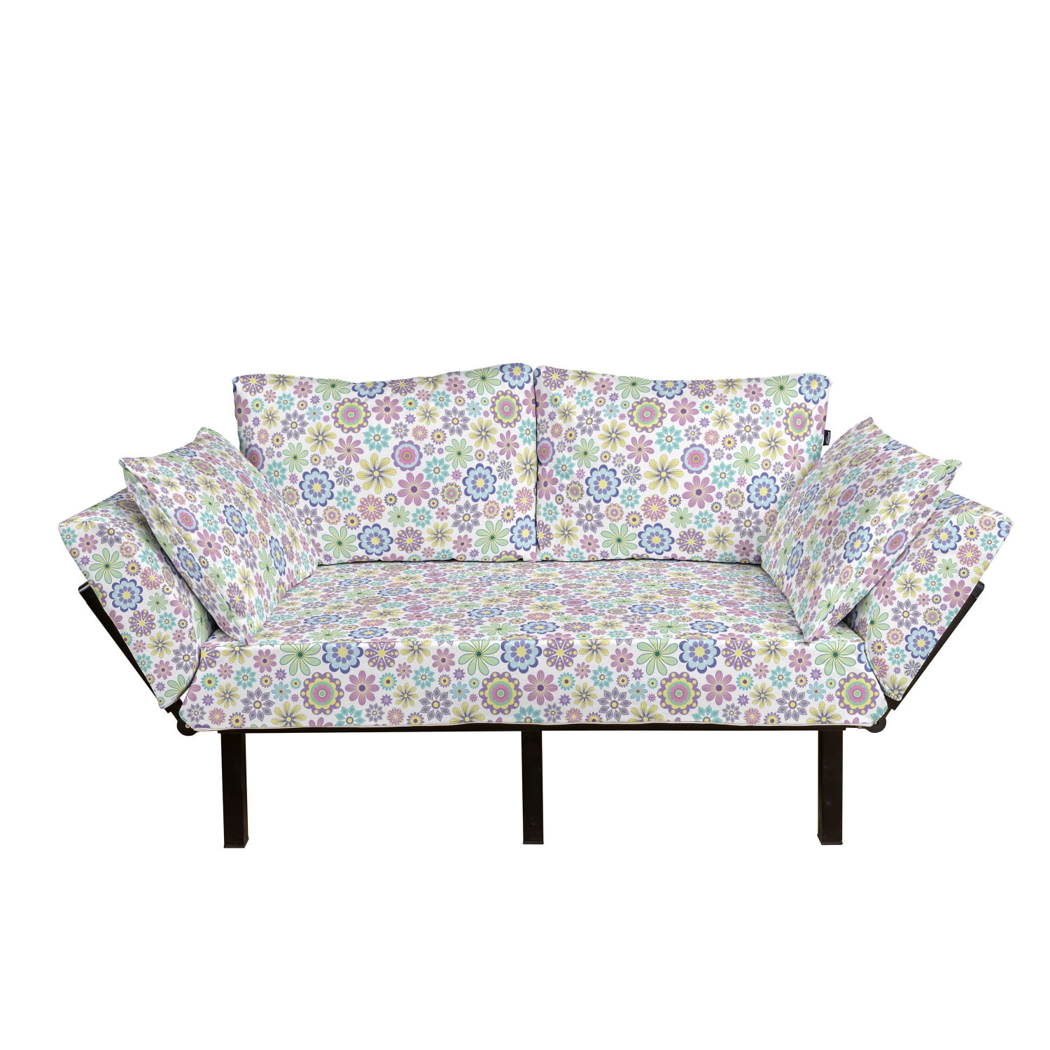 Pastel Futon Couch, Ornate Different Kinds of Flowers Colorful Flourish ...