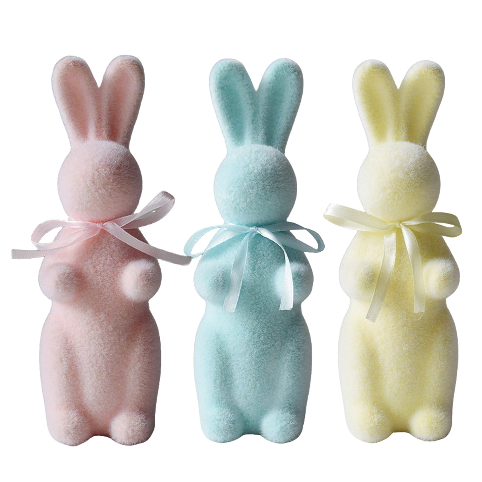 Pastel Fuzzy Flocked Bunny Easter Spring Decor Rabbit Figurines Garden ...