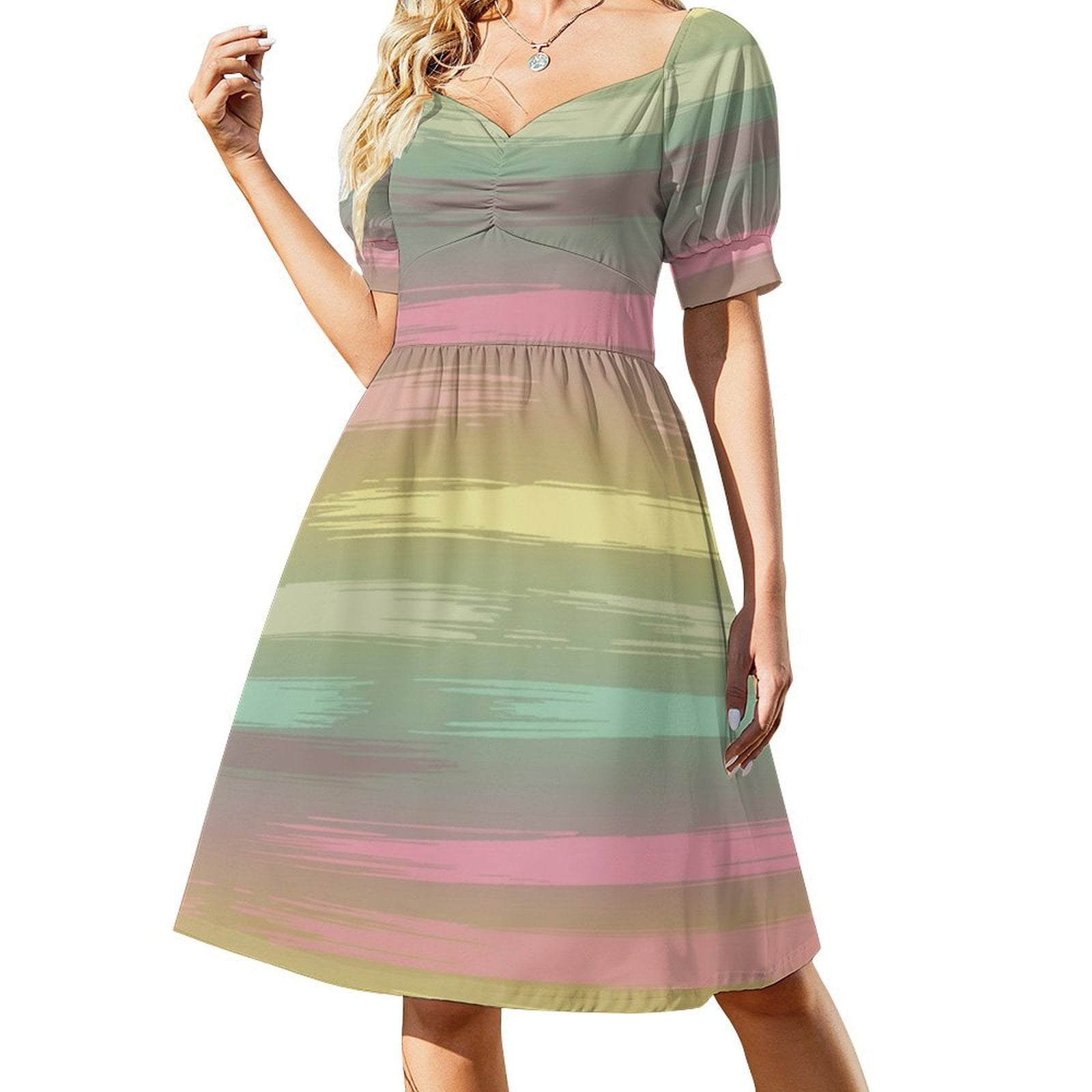 Pastel Horizontal Brush Stroke Pattern Short Sleeve Dress Clothes Women ...