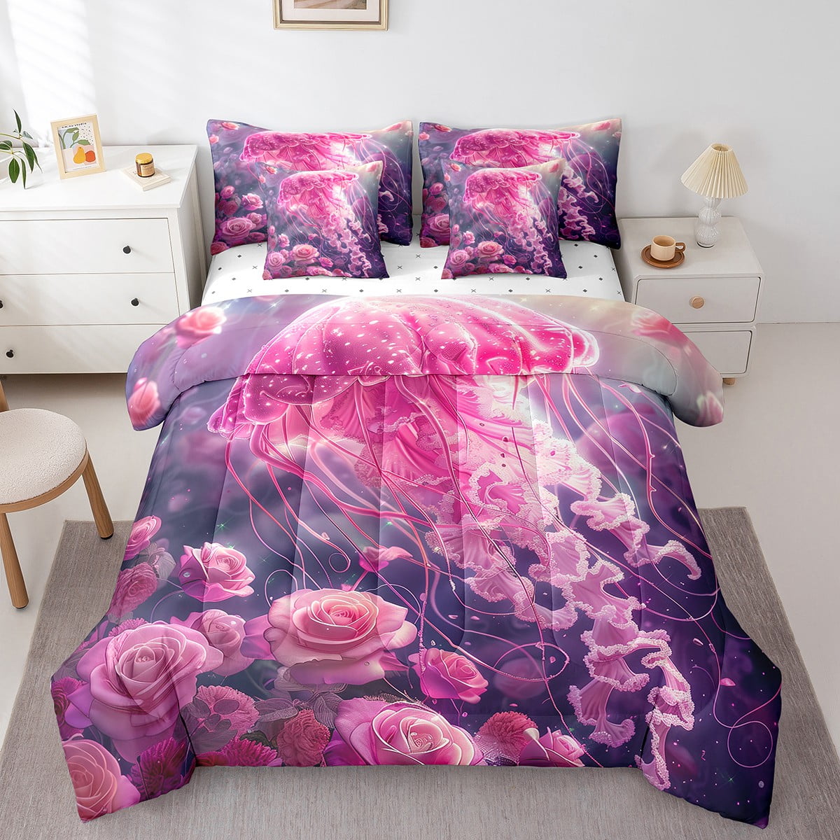 Pastel Jellyfish Bed in a Bag Queen Comforter Set 7 Piece,Pink Rose ...