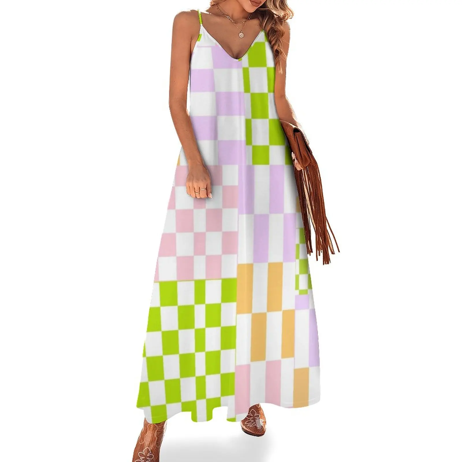 Pastel Lavender Checkered Blocks Sleeveless Dress elegant dresses plus ...