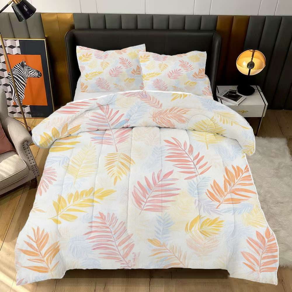 Pastel Leaves White Background Pattern Comforter Set Queen Size Bedding ...