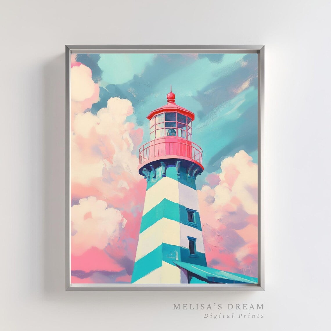 Pastel Lighthouse Print Coastal Wall Art, Pink Teal Nautical, Beach ...