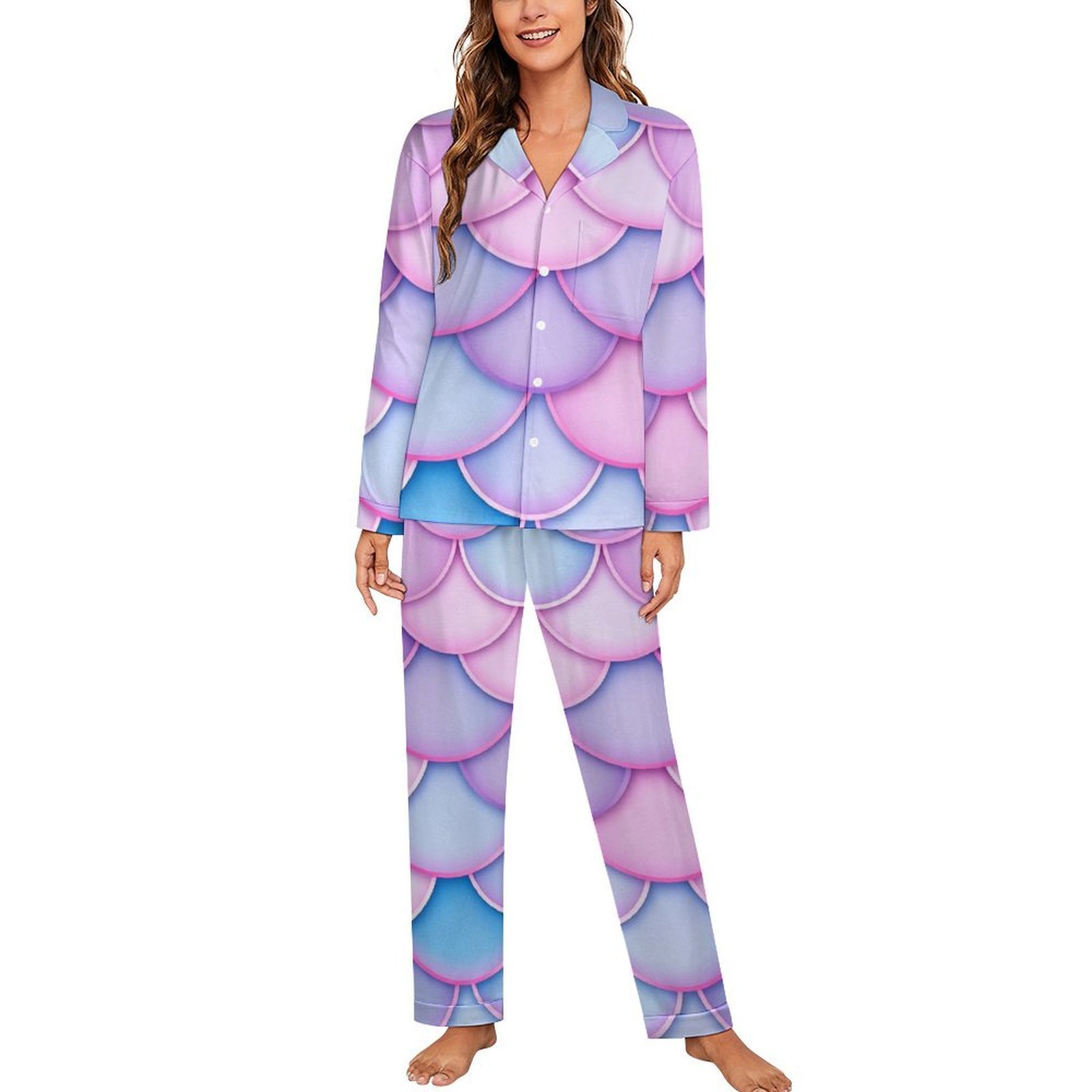 Pastel Mermaid Scales Pajamas Night V Neck Nightwear Lady Two Piece ...
