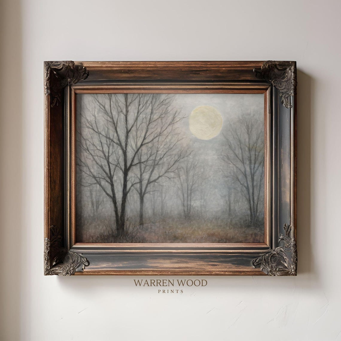 Pastel Moonlit Forest Print, Spindly Tree Landscape, Soft Blotted Night ...