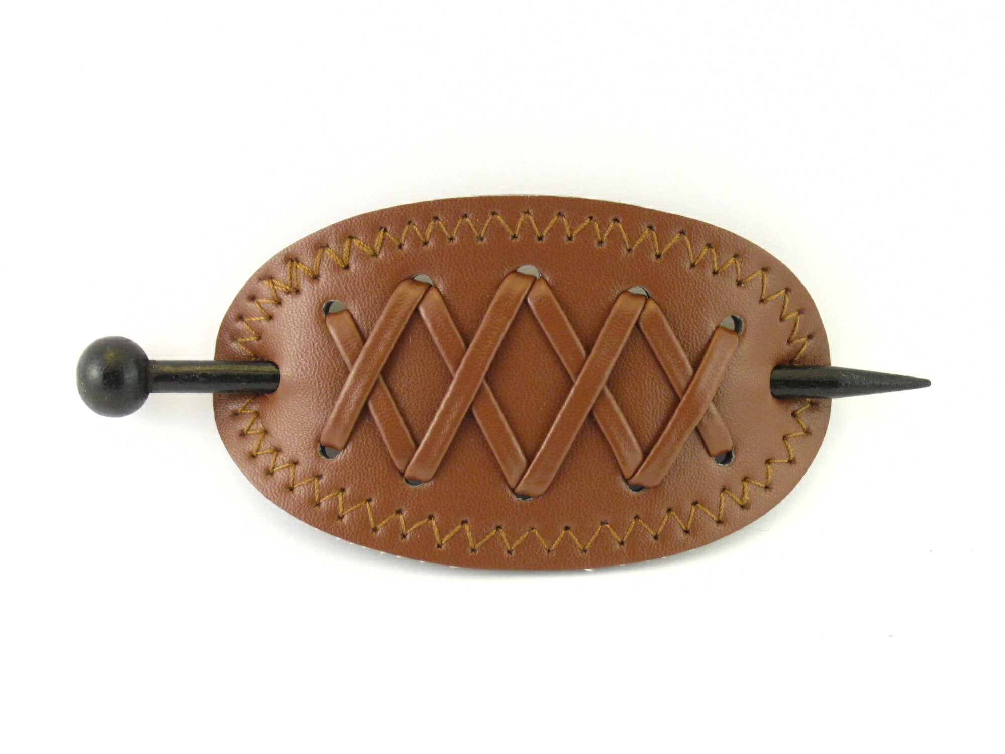 Pastel Oval Leather With X Stitched Pattern with Wood Hair Stick ...