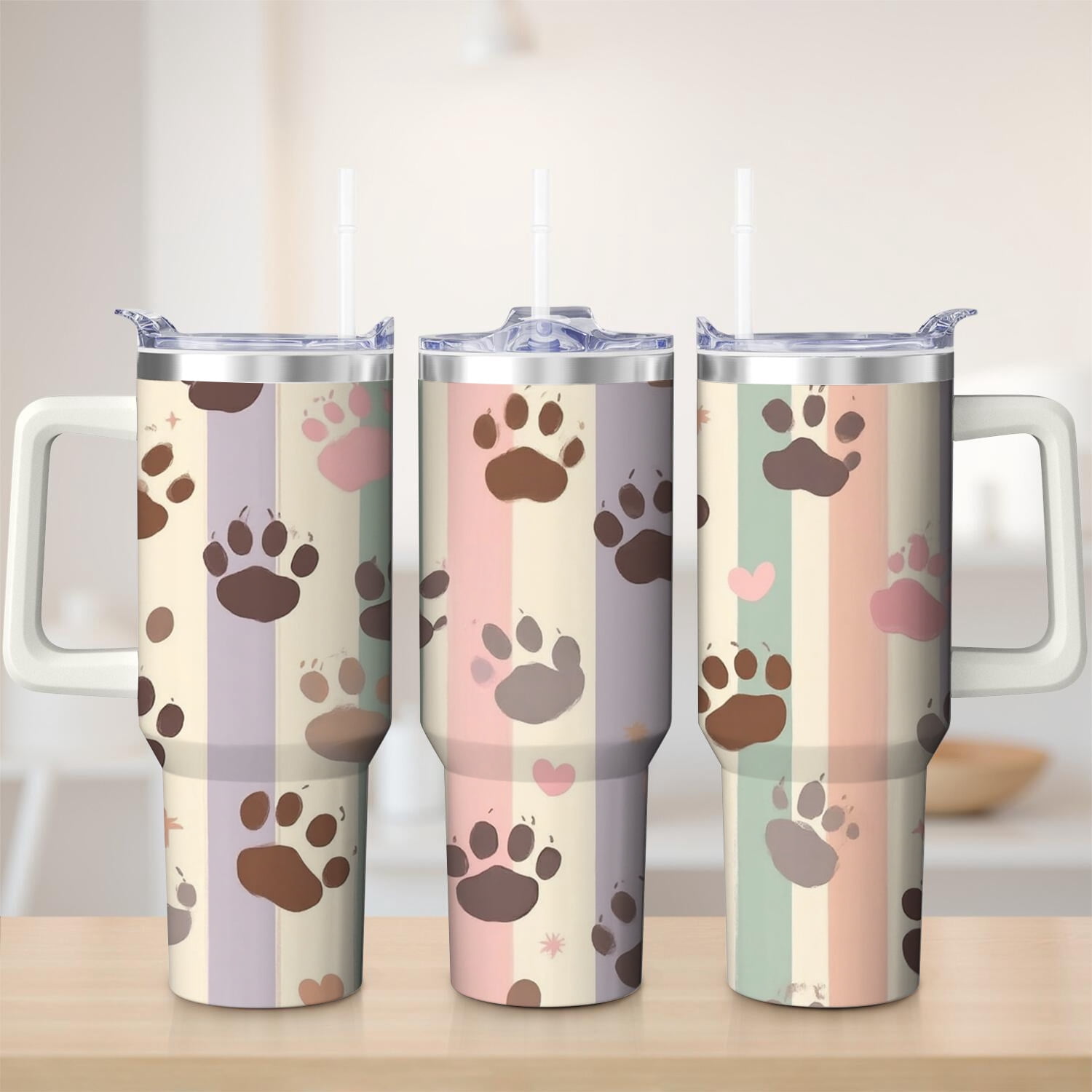 Pastel Paw Print Stainless Steel Insulated Mug with Lid and Handle ...