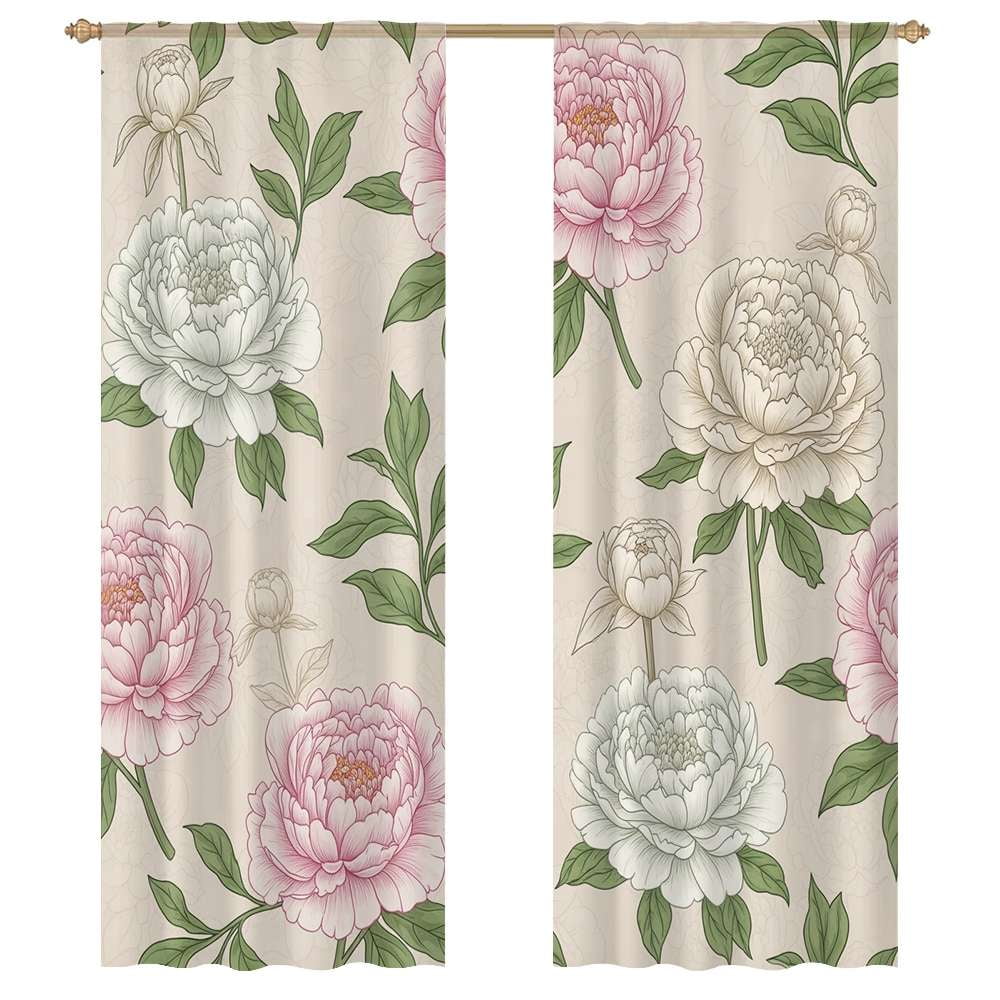 Pastel Peony Floral Pattern Sheer Voile Curtain Window Tulle Curtains ...