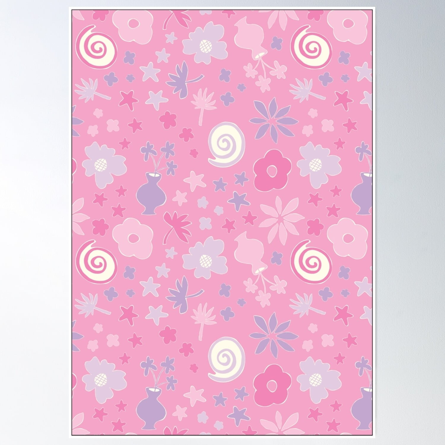 Pastel Pink Boho Flower Pattern Girls Room Poster Wall Art, Modern Wall ...