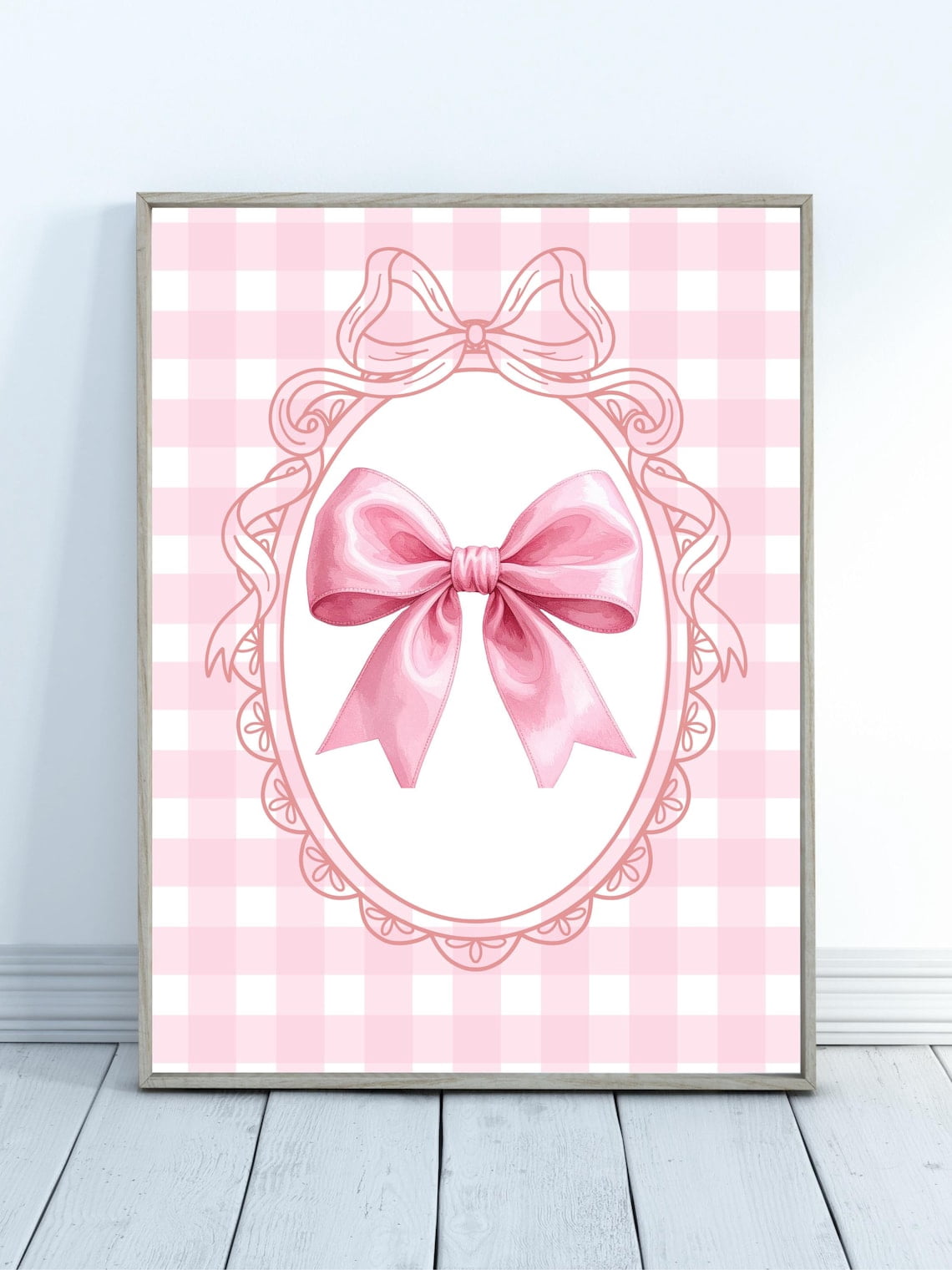 Pastel Pink Bow On Checkered Background Poster-Romantic Vintage Bow ...