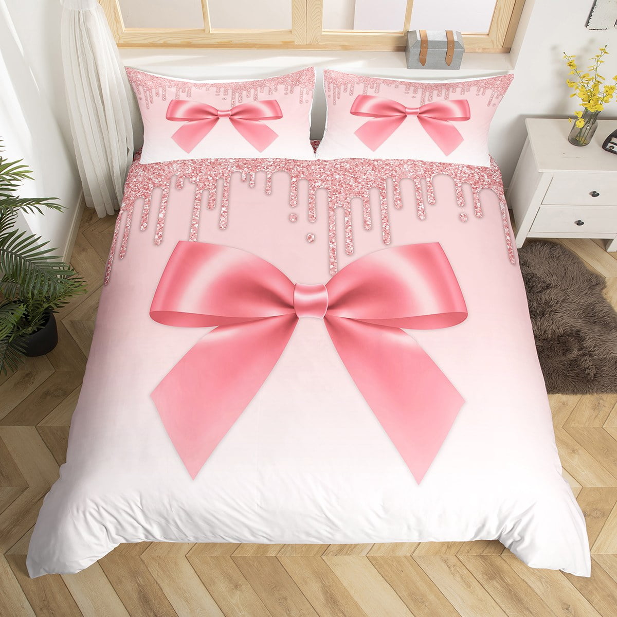 Pastel Pink Bowknot Duvet Cover Abstract Sequin Fluid Queen Bedding ...