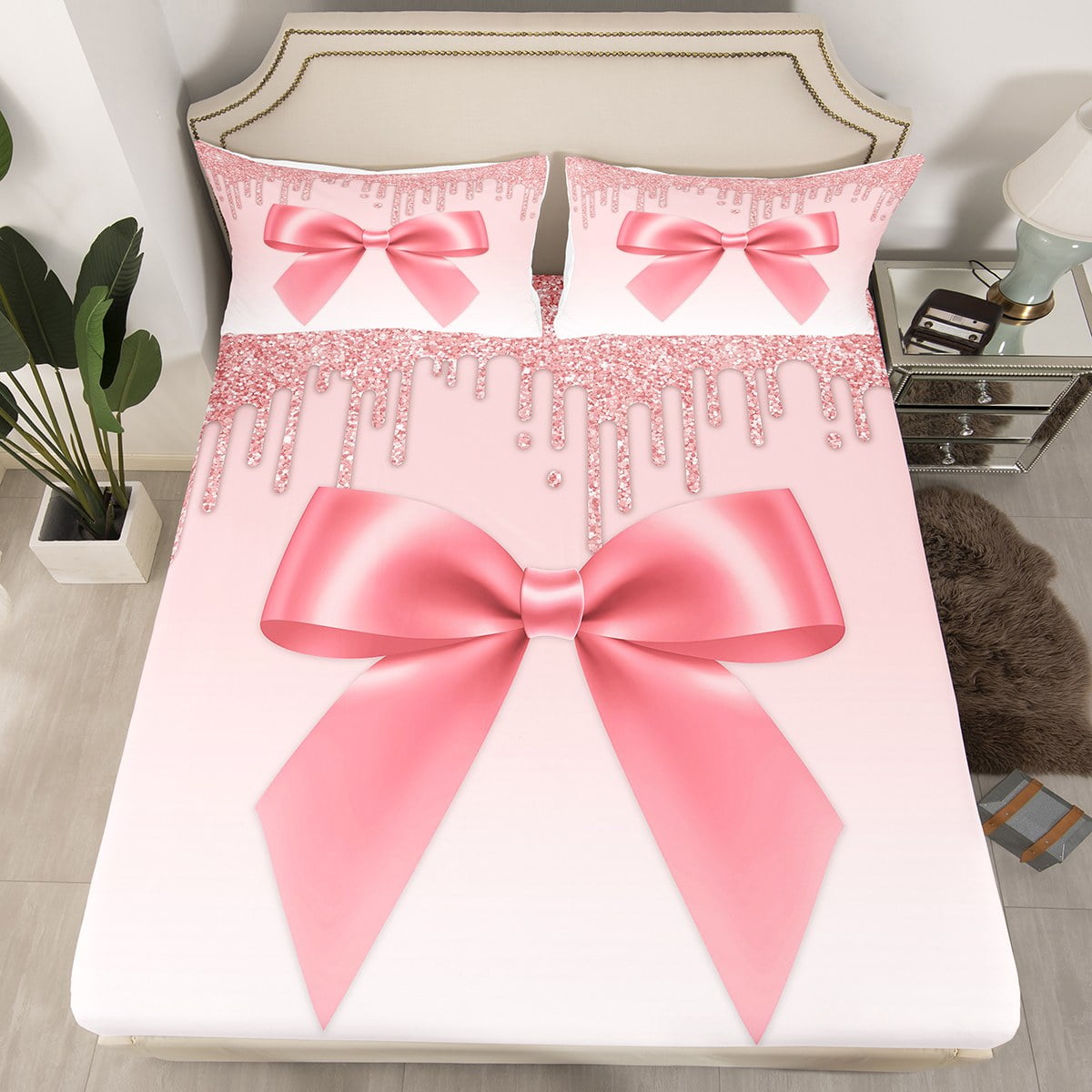 Pastel Pink Bowknot Fitted Sheet Abstract Sequin Fluid Full Bed Sheets ...