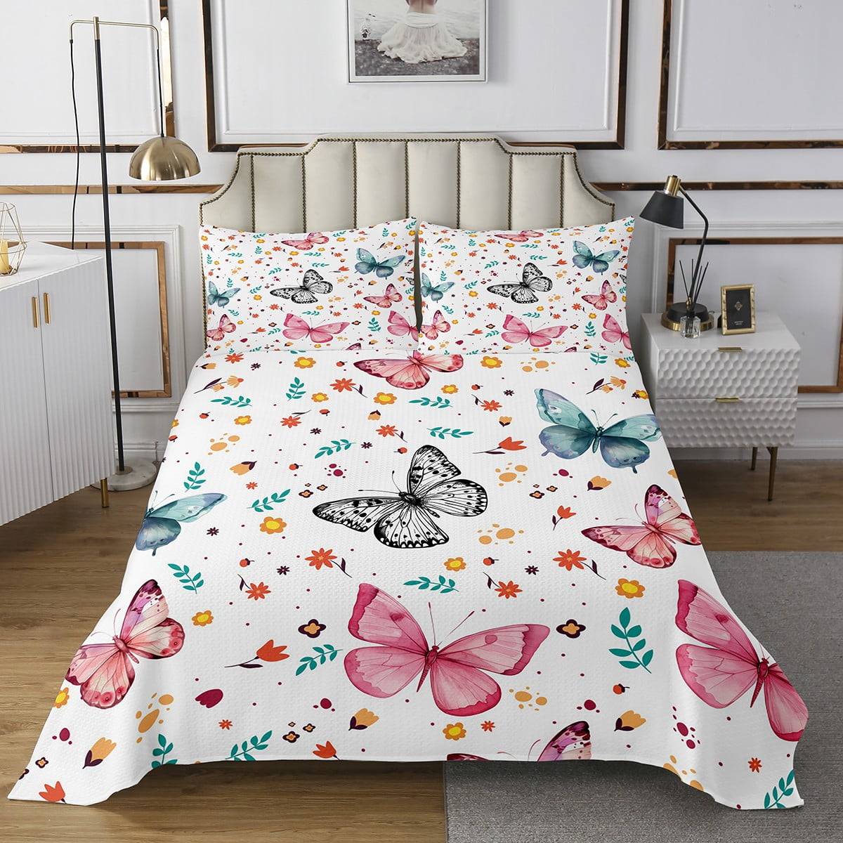 Pastel Pink Butterfly Quilt Set Kawaii Twin Bedspread Set for Girls ...