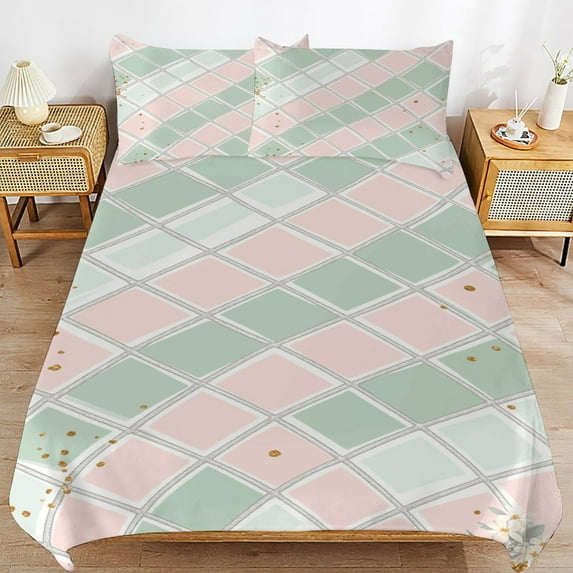 Pastel Pink Green Diamond Floral Pattern Duvet Cover 3pcs Set Themed ...