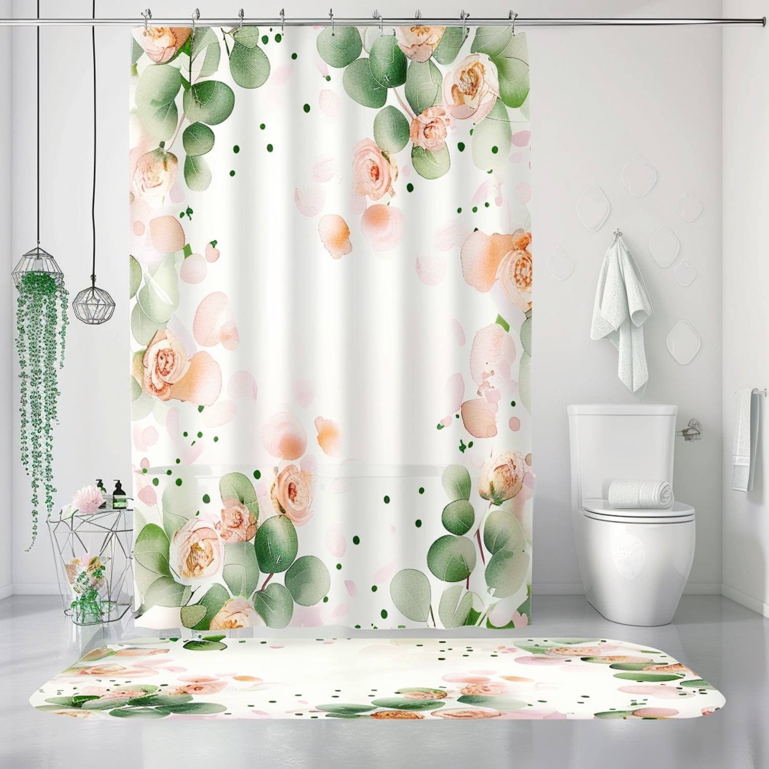 Pastel Pink and Green Eucalyptus Floral Bathroom Set Elegant Watercolor ...
