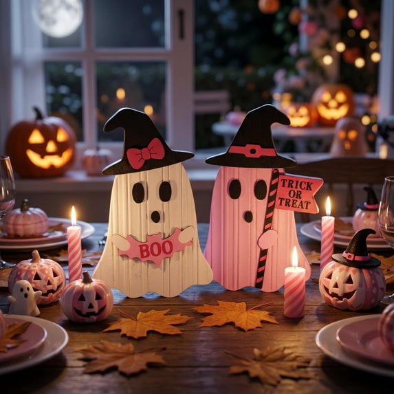 Pastel Pink Halloween Wooden Ghost Decor, 2 Pack Standing Boo Ghost ...