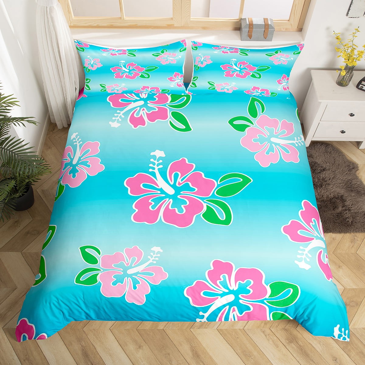 Pastel Pink Hibiscus Flowers Comforter Cover Romantic Rose of Sharon ...