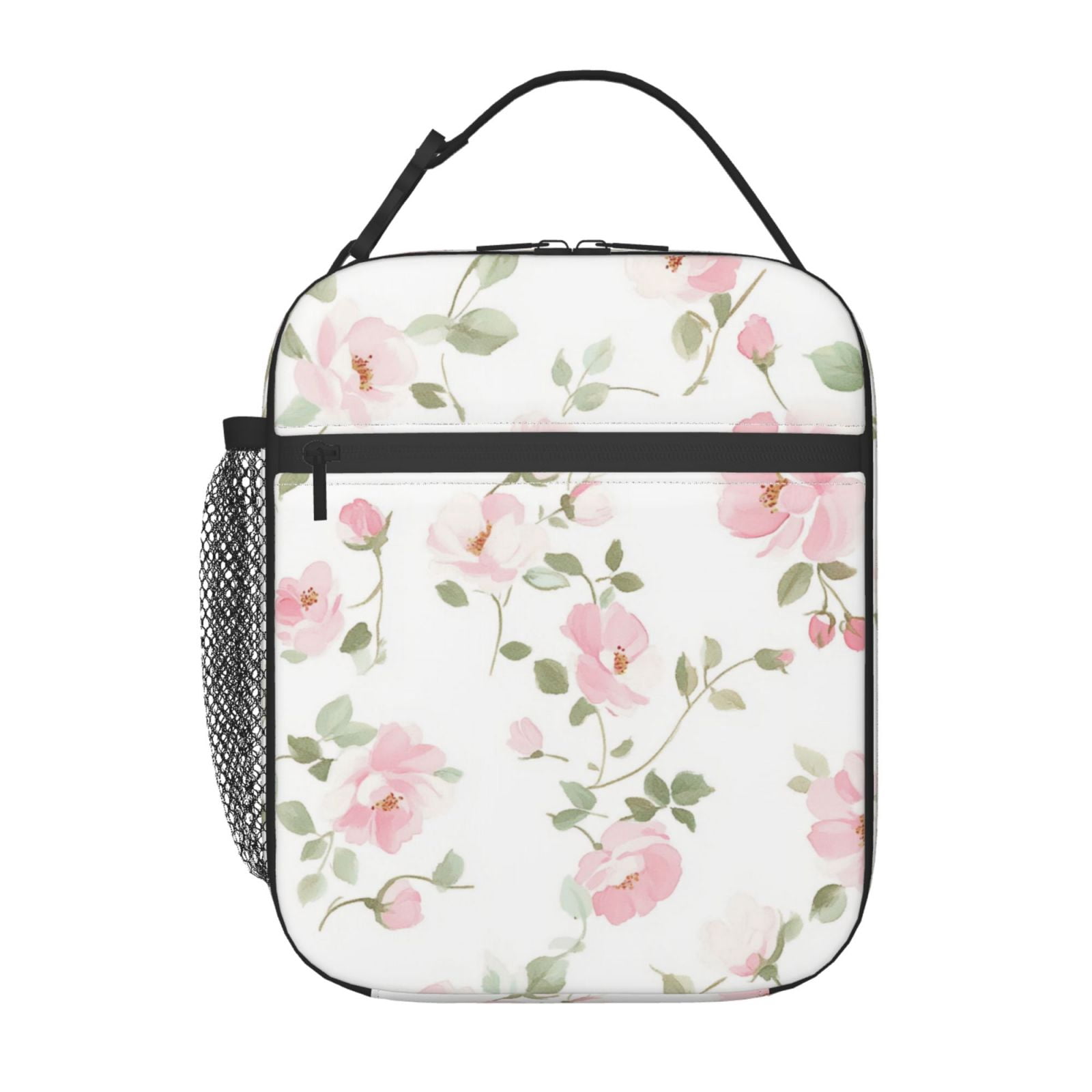 Pastel Pink Rose Floral PatternPortable Insulated Lunch Bag Tote ...