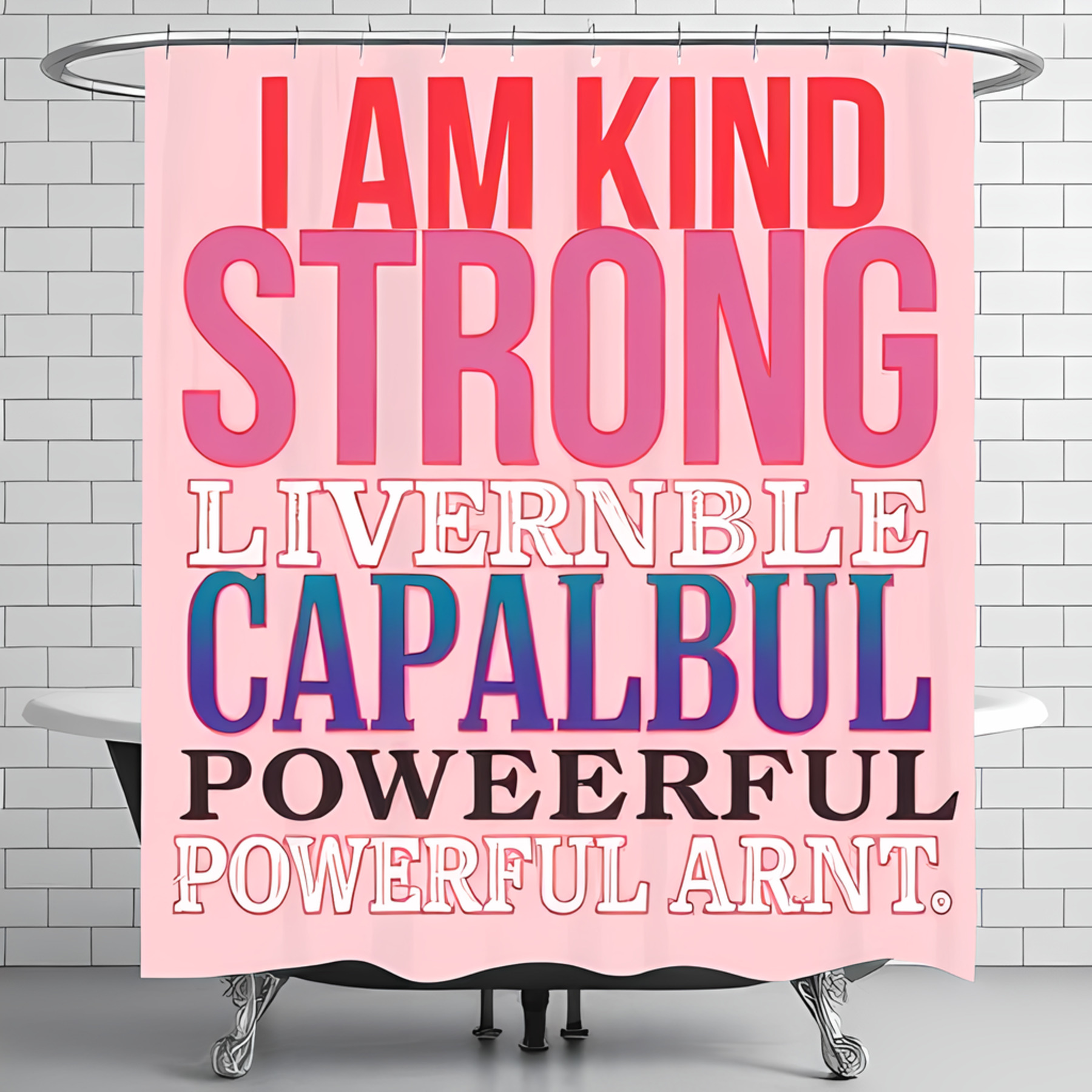 Pastel Pink Shower Curtain with Bold Typography: " I AM KIND STRONG ...