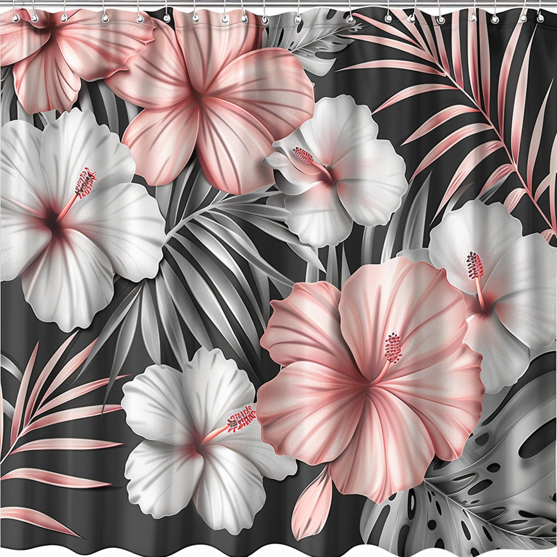 Pastel Pink Tropical Flowers Shower Curtain With Silver Grommets