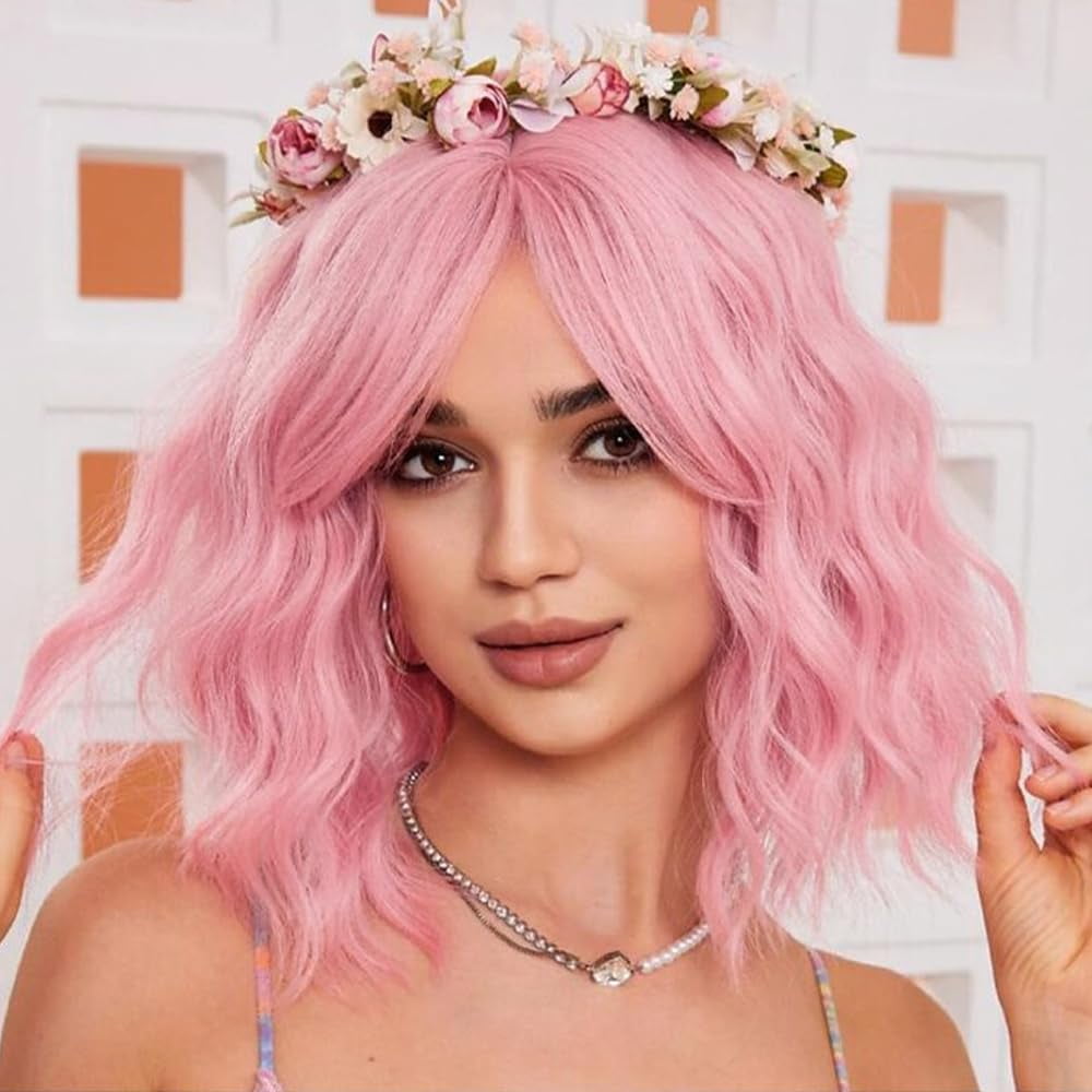 Pastel Pink Wavy Wig with Bangs Short Curly Bob Wigs for Women Shoulder ...