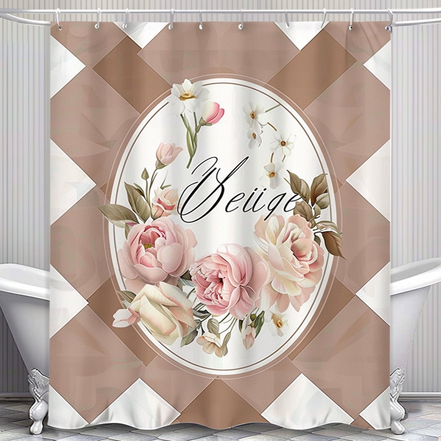 Pastel Pink and Beige Diamond Pattern Shower Curtain with Floral ...