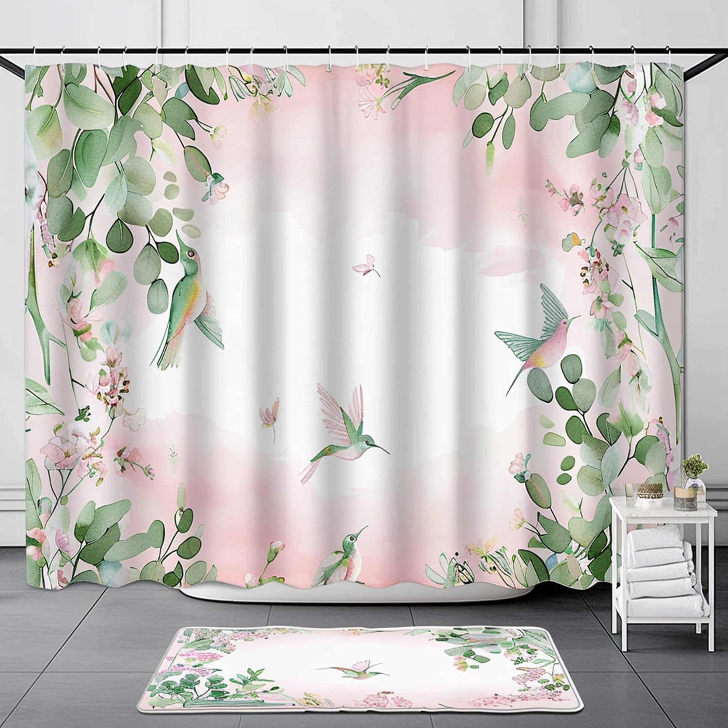 Pastel Pink And Green Floral Garden Shower Curtain With Watercolor