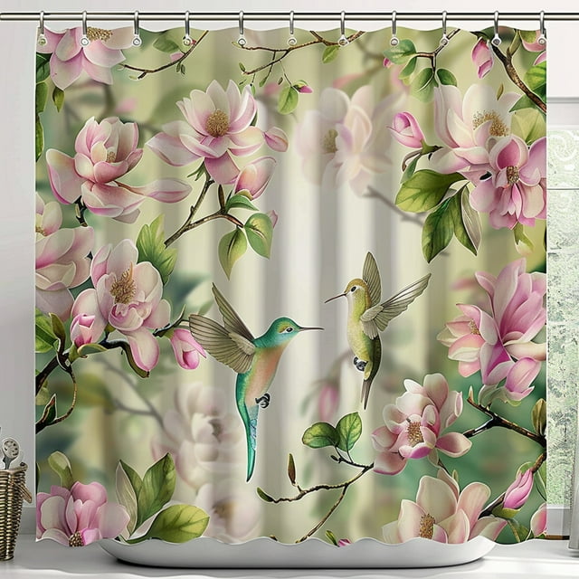 Pastel Pink And Green Hummingbirds Magnolia Tree Shower Curtain