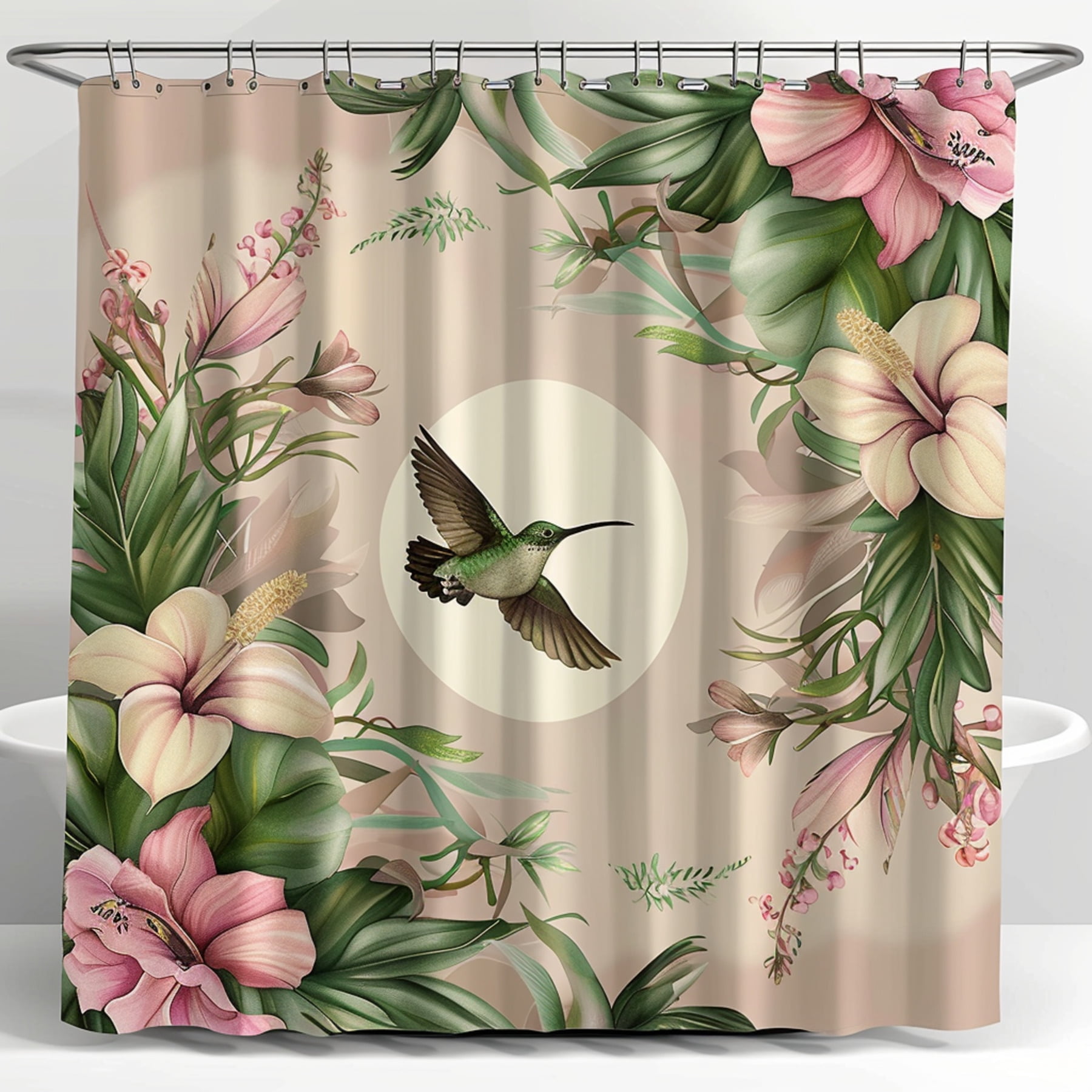 Pastel Pink And Green Tropical Flowers With Hummingbird Shower Curtain